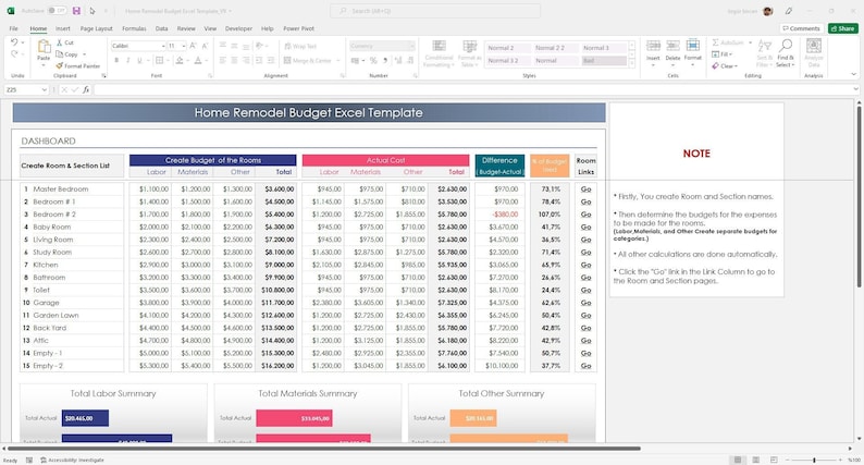 Home Renovation Home Remodel Budget Excel Template Home - Etsy