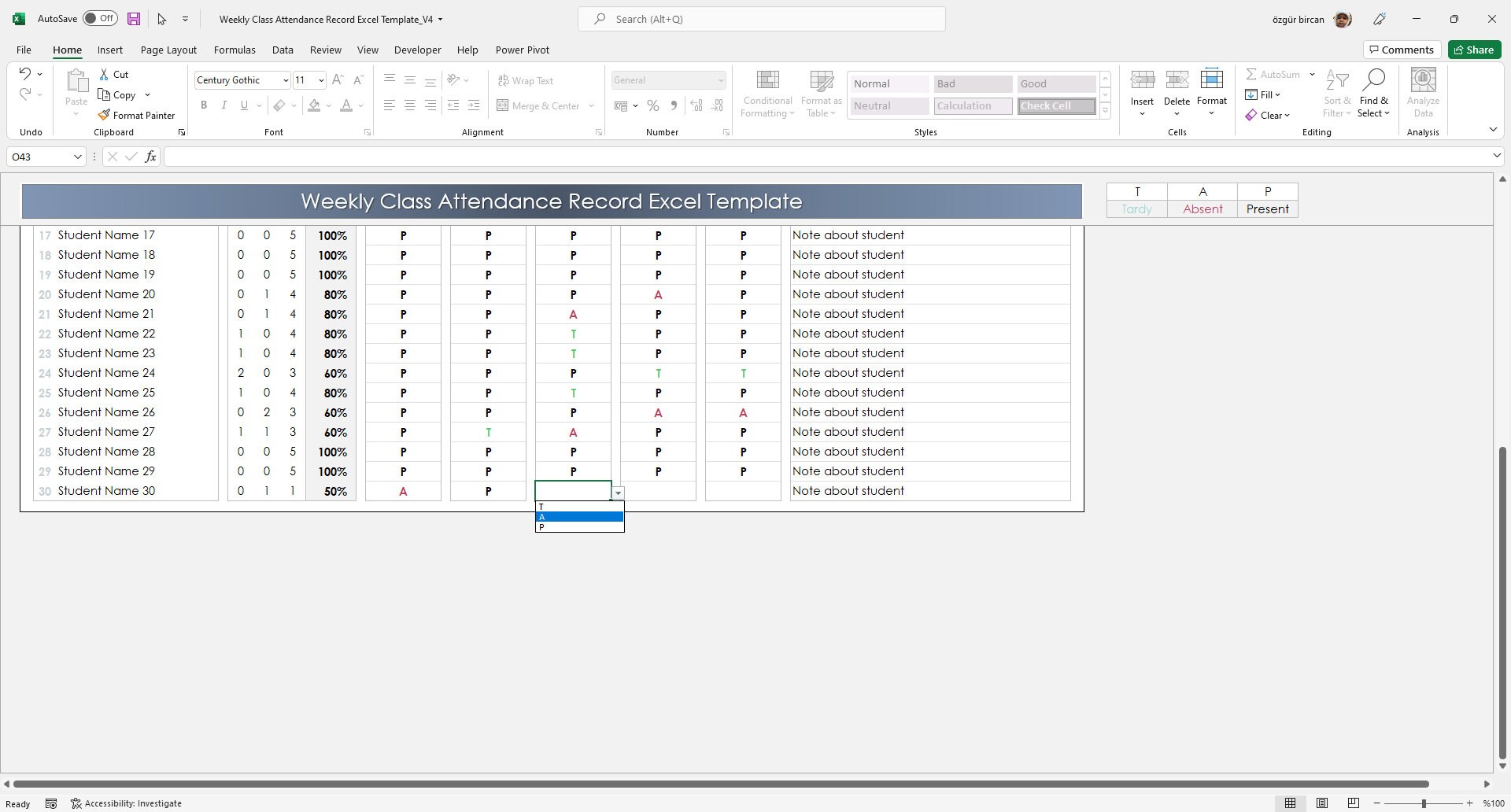 Weekly Class Attendance Record Excel Template: Student Absence Tracker ...
