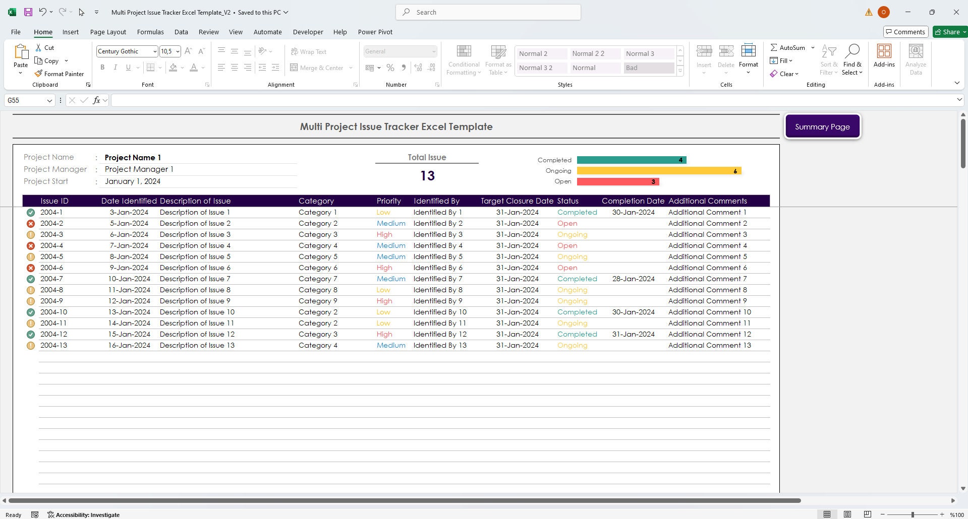 Multi-project Issue Tracker Excel Template: Bug Log (for 25 Projects ...