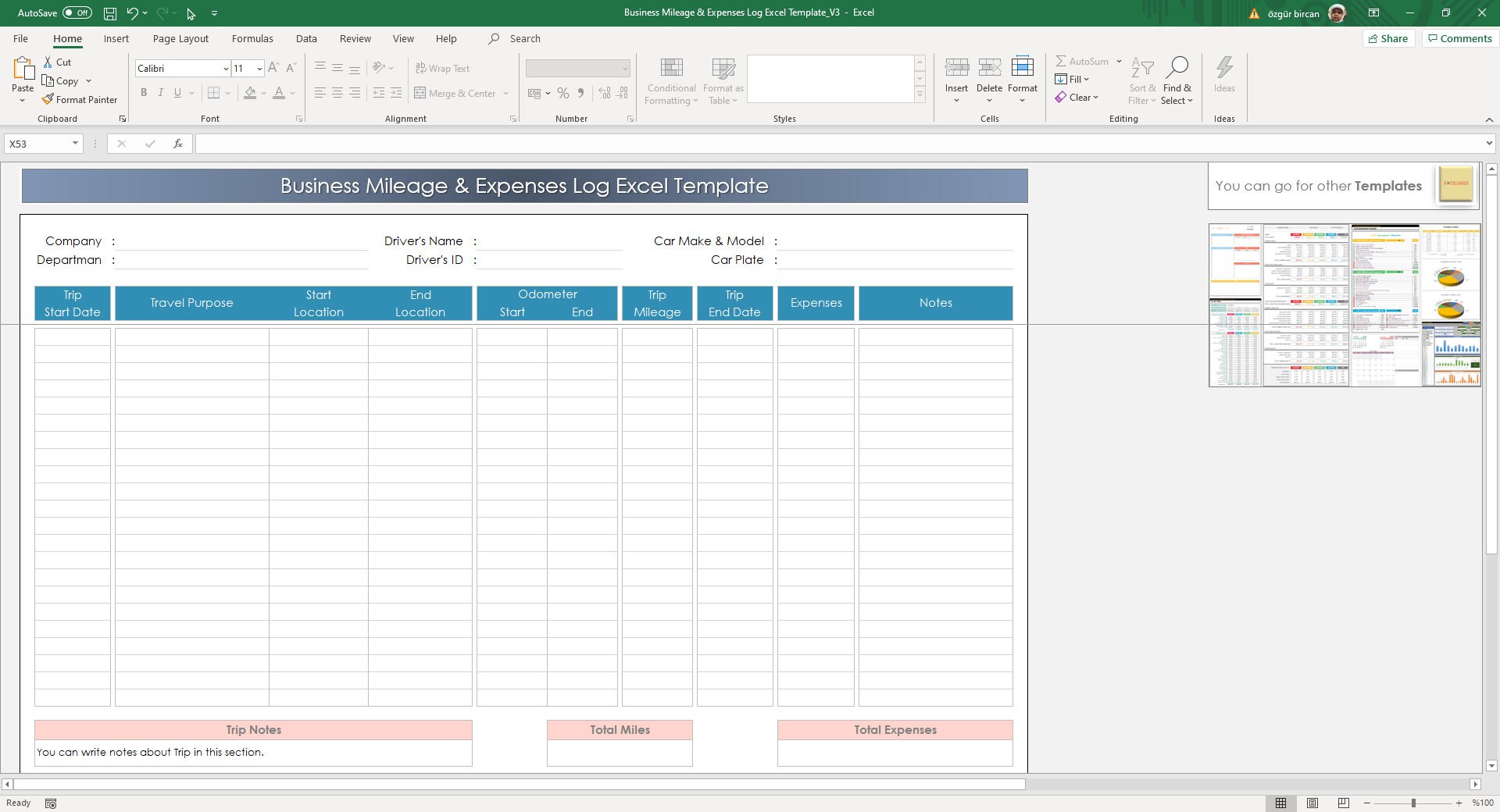 Business Mileage & Expenses Log Excel Template: Track Travel Distance ...