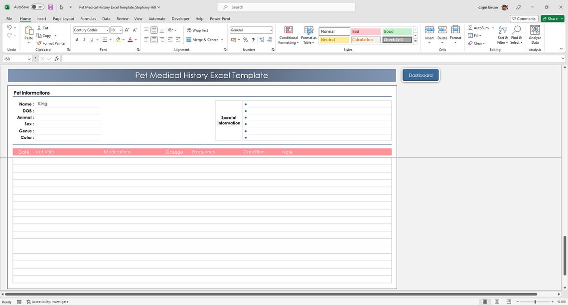 Pet Medical History Excel Template Pet Medical Log Pet - Etsy