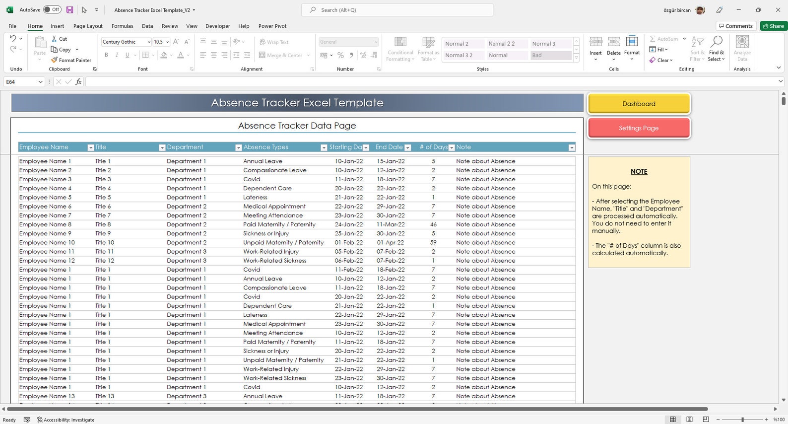 Absence Tracker Excel Template 1-50 Employee Employee Time - Etsy