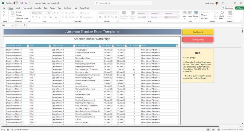 Absence Tracker Excel Template 1-50 Employee Employee Time - Etsy