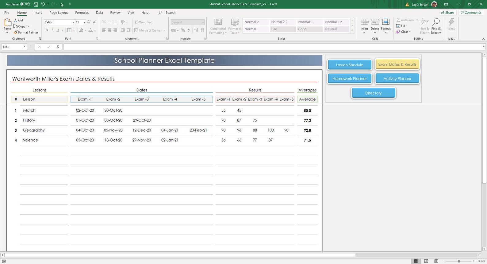 Student School Planner Excel Template | Etsy