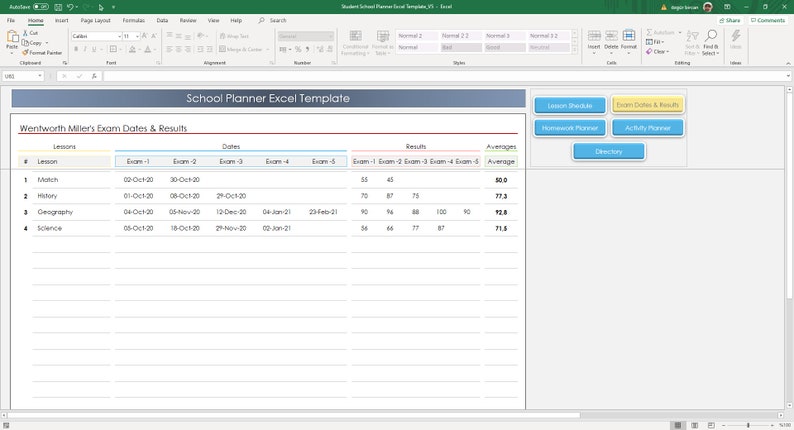 Student School Planner Excel Template: Schedule, Homework, Activity ...