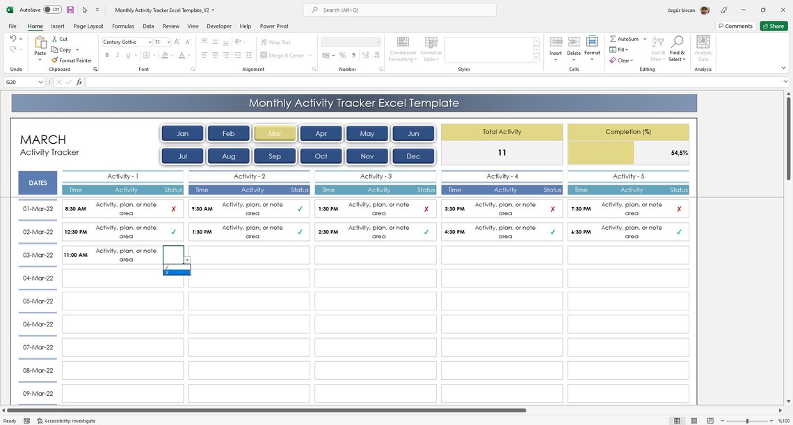 Monthly Activity Tracker Excel Template Editable Activity | Etsy