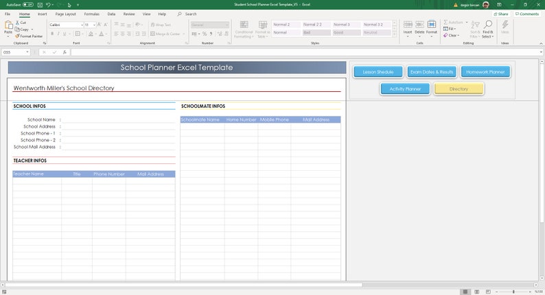 Student School Planner Excel Template | Etsy