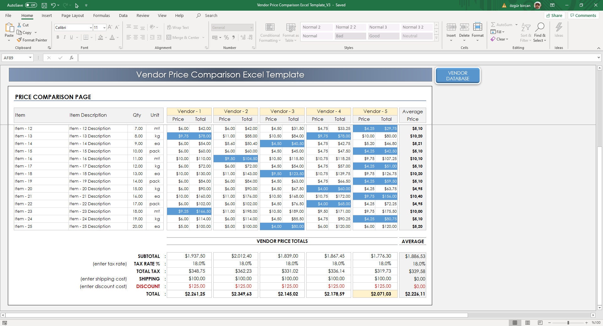 Vendor Price Comparison Excel Template Supplies Conversion - Etsy