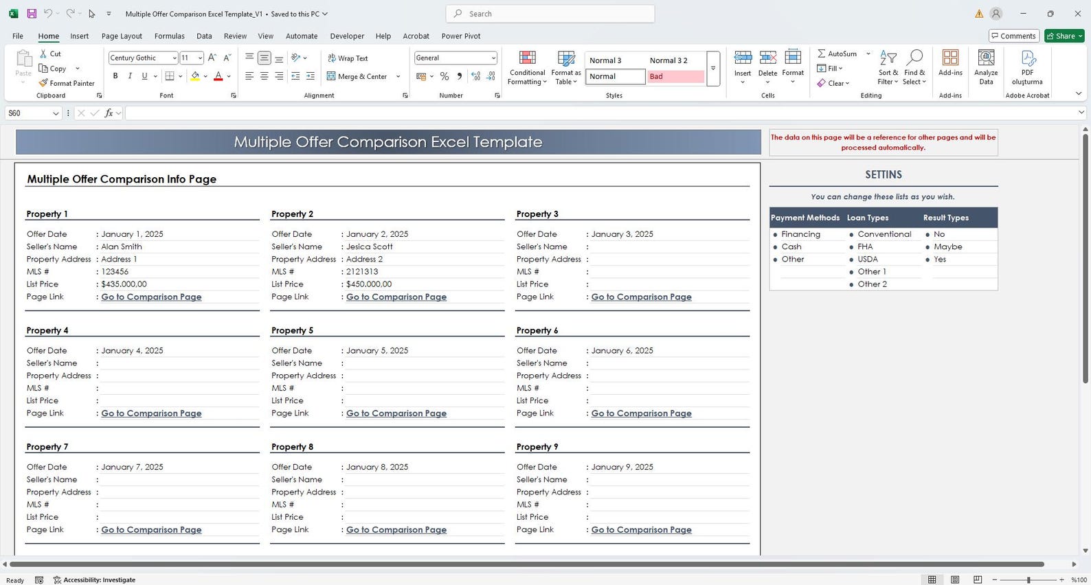 Real Estate Offer Comparison Excel Template | Property Analyzer ...