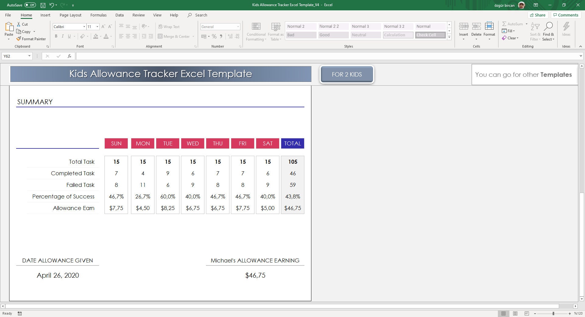 Kids Allowance Tracker Excel Template: Chore & Pocket Money Log ...