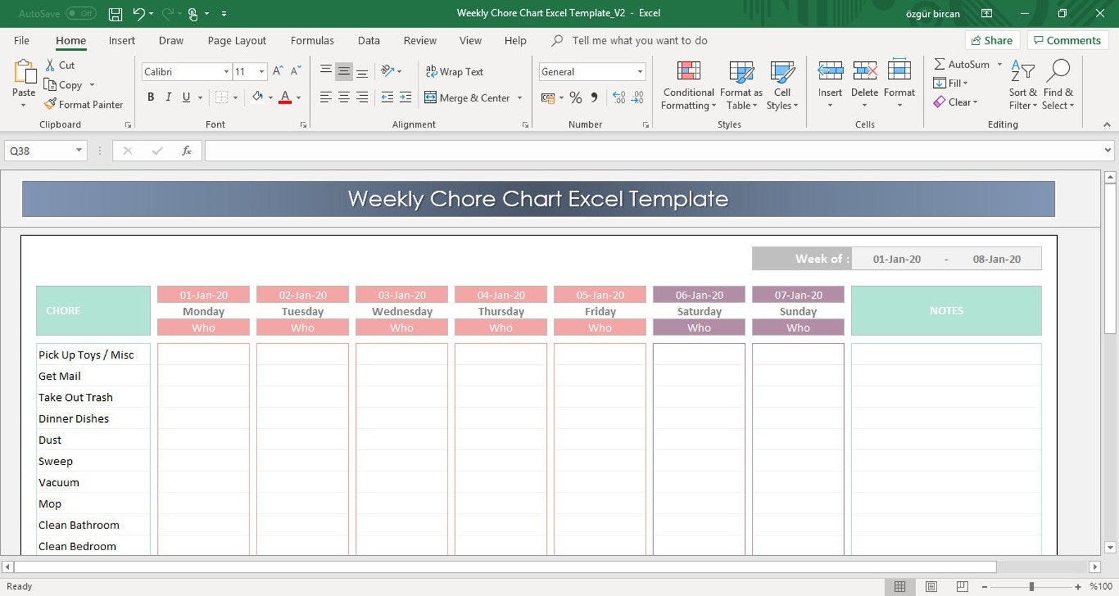 Weekly Chore Chart Excel Template Chore Planner Excel Planner Printable ...