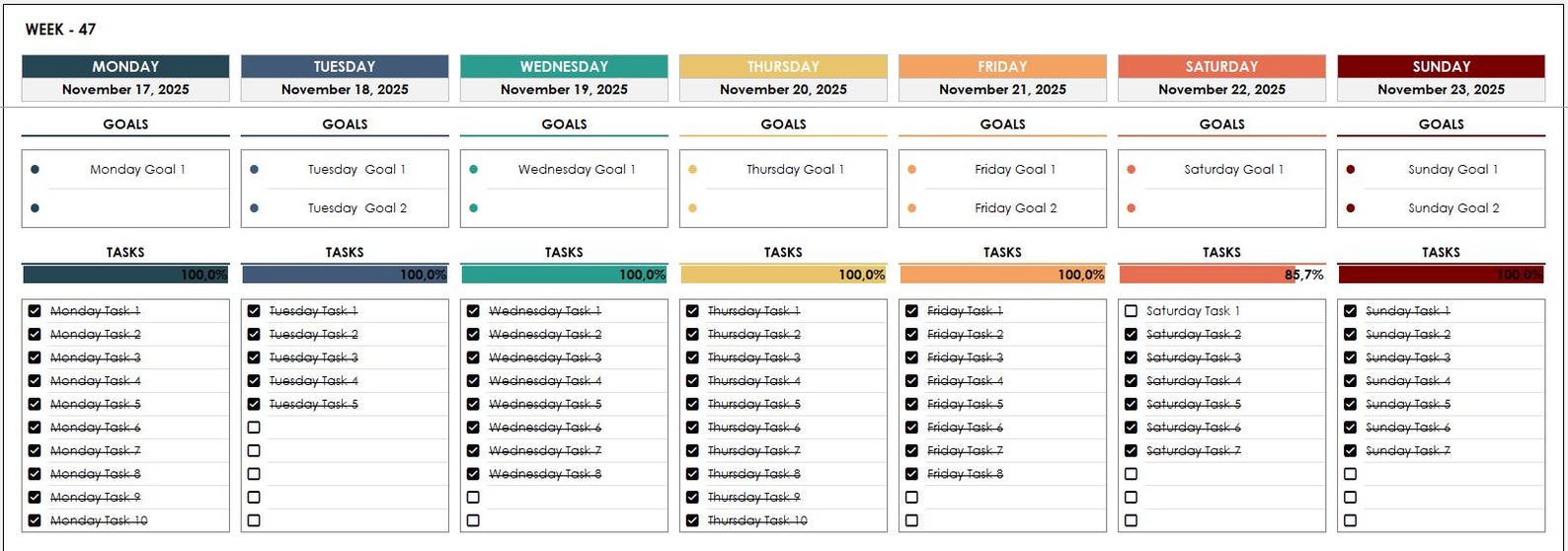 Weekly Personal Planner Excel Template | 52 Weeks Goals, Tasks ...