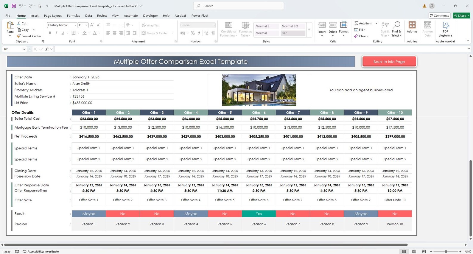 Real Estate Offer Comparison Excel Template | Property Analyzer ...