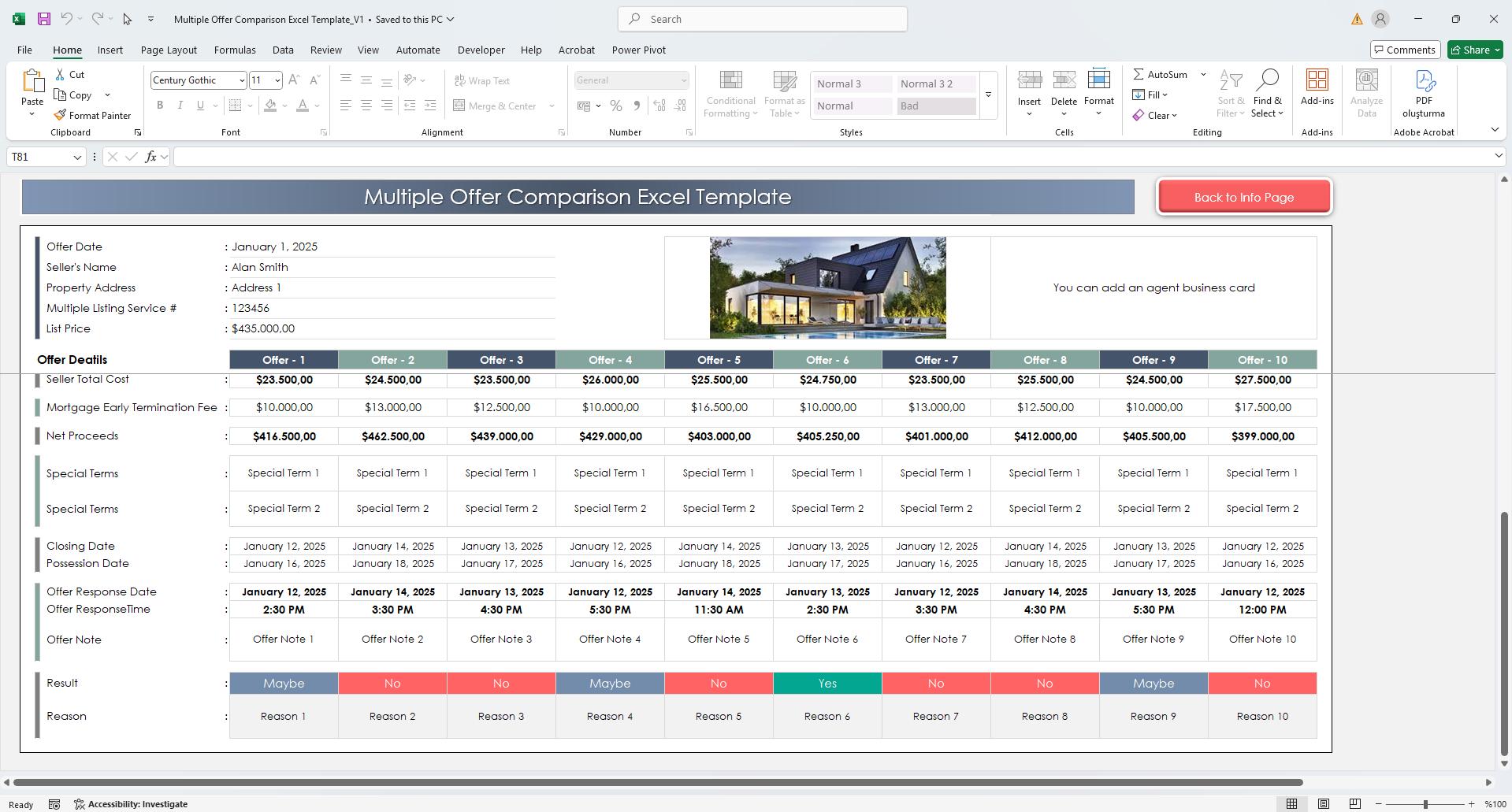 Real Estate Offer Comparison Excel Template | Property Deal Analyzer ...