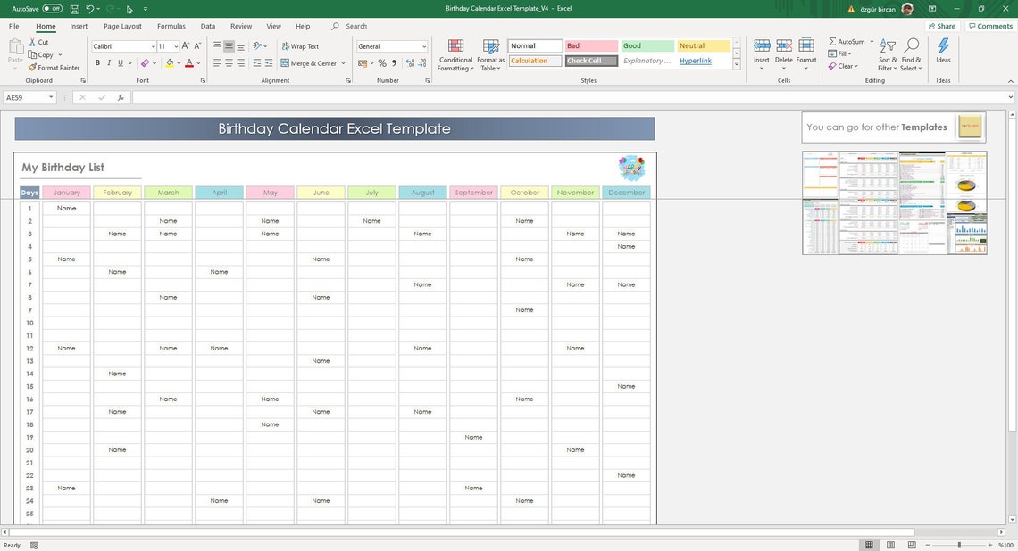 Birthday Calendar Excel Template: Printable Birthday Tracker - Etsy