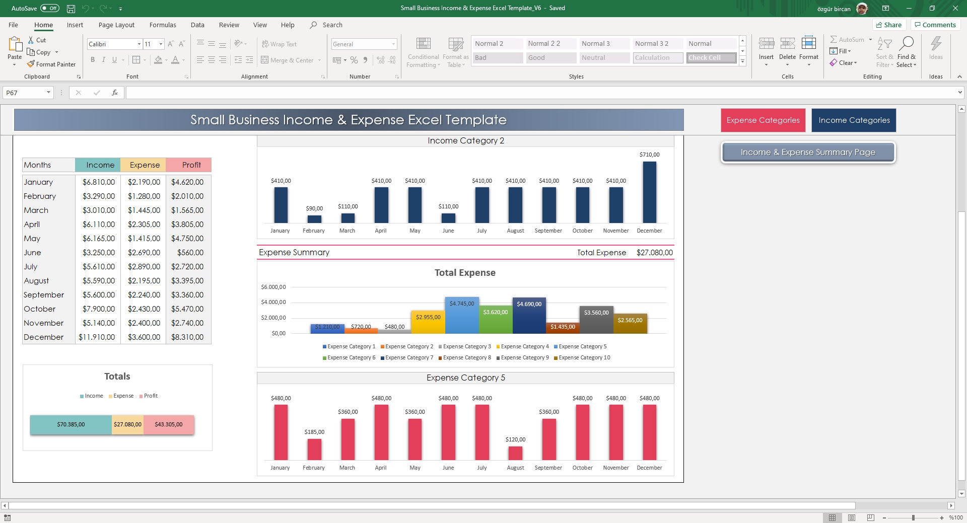 Small Business Bookkeeping Excel Template: 12-month Income & Expense ...