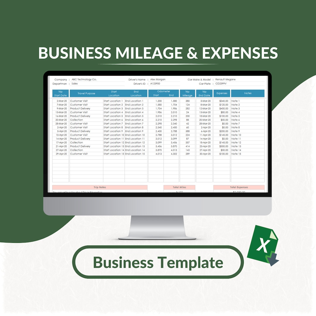Business Mileage & Expenses Log Excel Template | Business Mileage ...