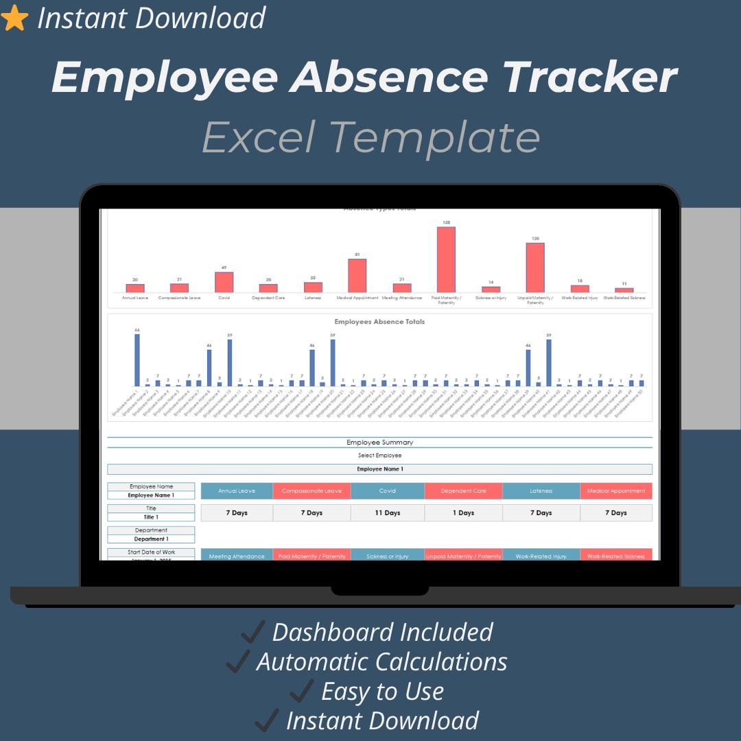 Employee Absence Tracker Excel Template: up to 50 Employees (digital ...