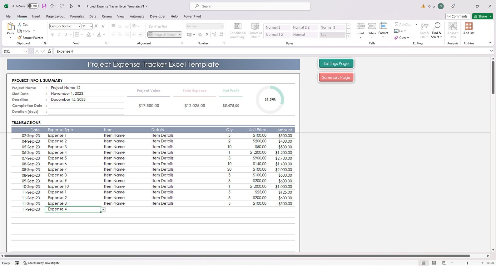 Project Expense Tracker Excel Template: Cost & Profit Margin Workbook ...