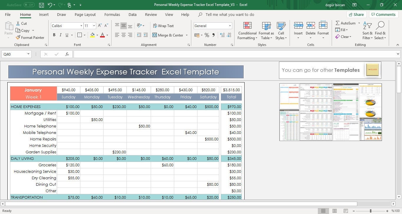 Personal Weekly Expense Tracker Excel Template Budget - Etsy