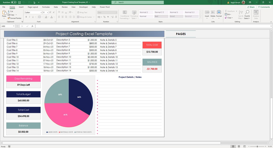 Project Costing Excel Template | Project Budget & Expense Tracker ...