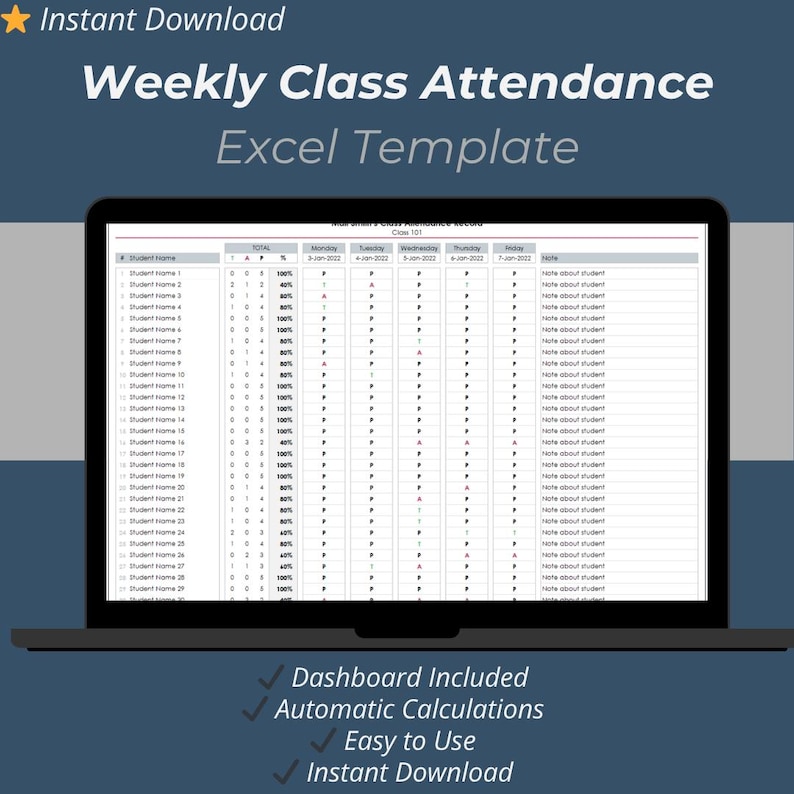 Weekly Class Attendance Record Excel Template: Student Absence Tracker ...