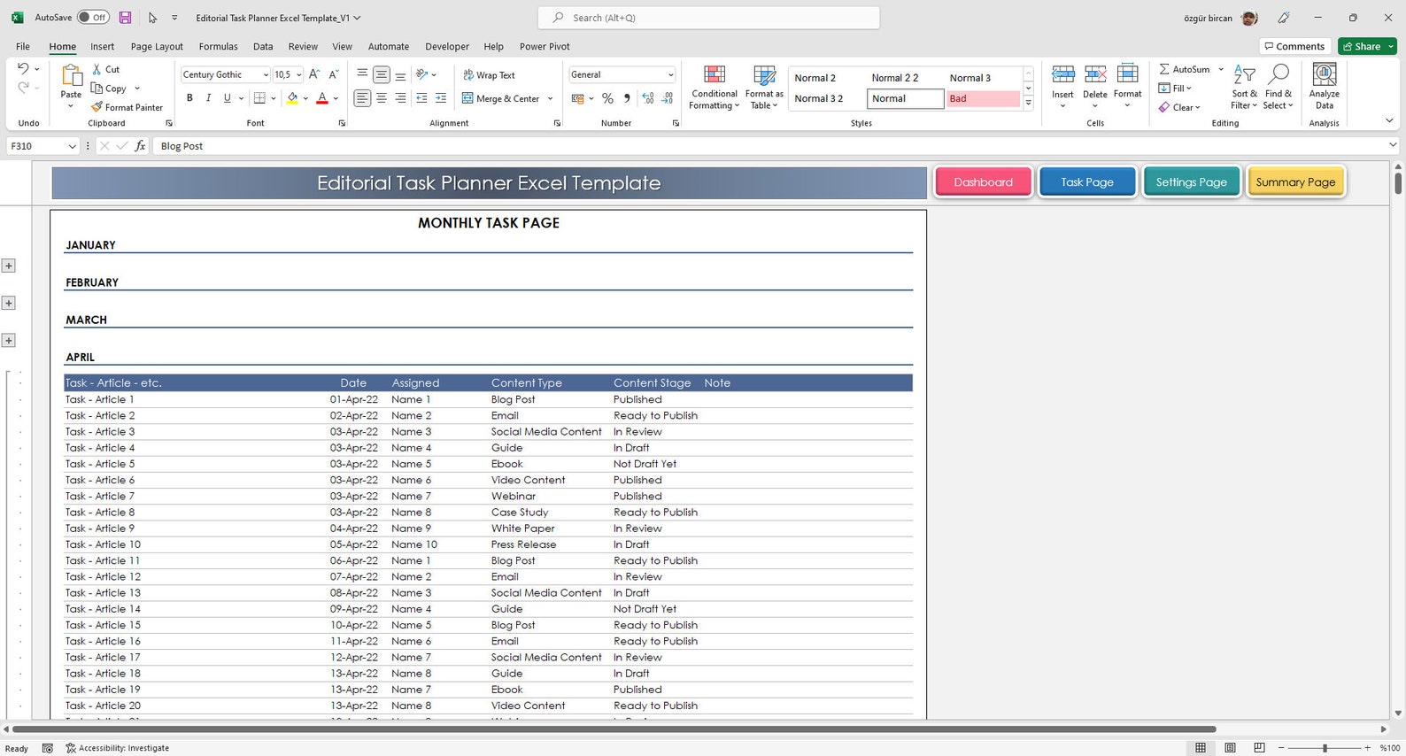 Editorial Task Planner Excel Template | Content Calendar, Planner ...