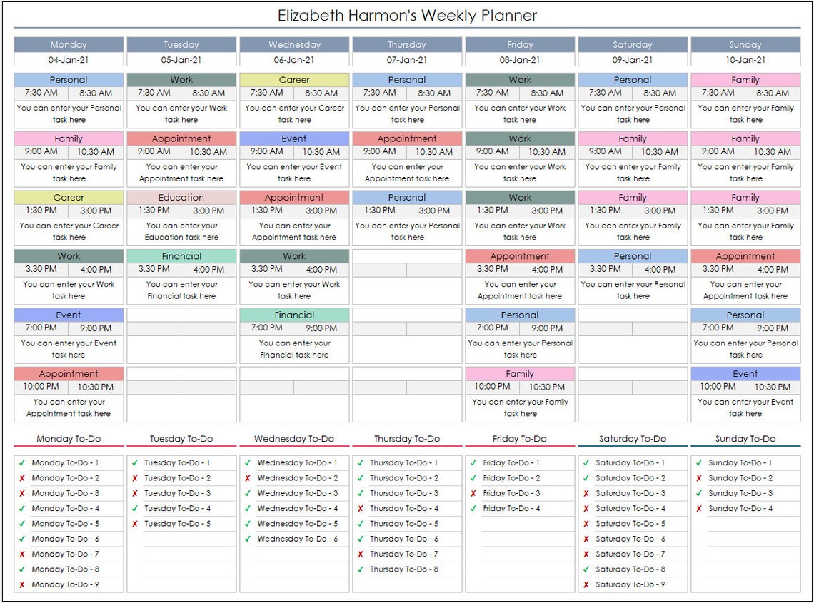 Weekly Personal Planner Excel Template: Schedule Tracker (printable ...