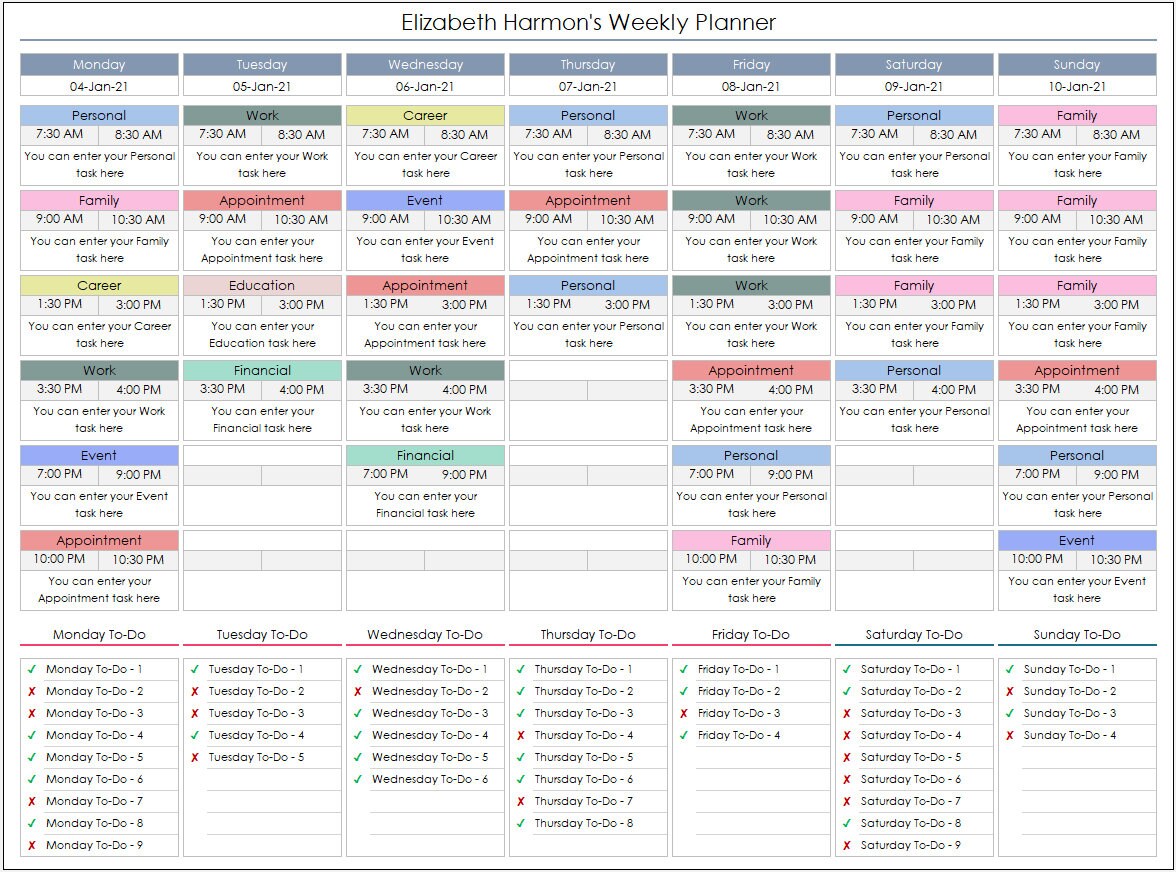Weekly Personal Planner Excel Template Schedule Tracker | Etsy