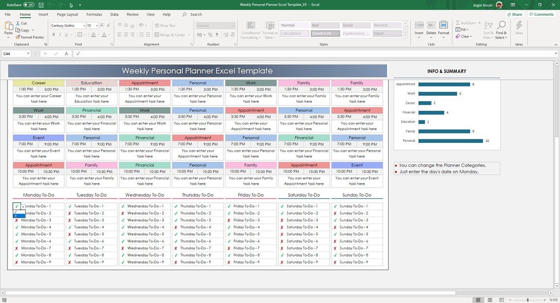 Weekly Personal Planner Excel Template | Schedule & Task Tracker ...