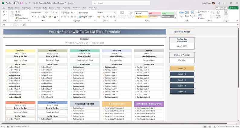 Weekly Planner With to Do List Excel Template: Printable Planner ...