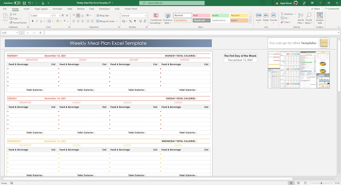 Weekly Meal Plan Excel Template Meal Plan With Calories | Etsy