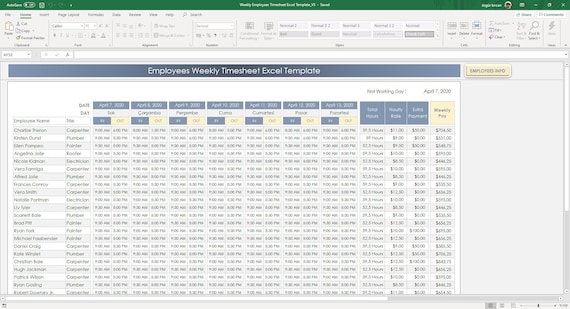 Excel-sjabloon voor wekelijkse werknemers Werkrooster | Etsy