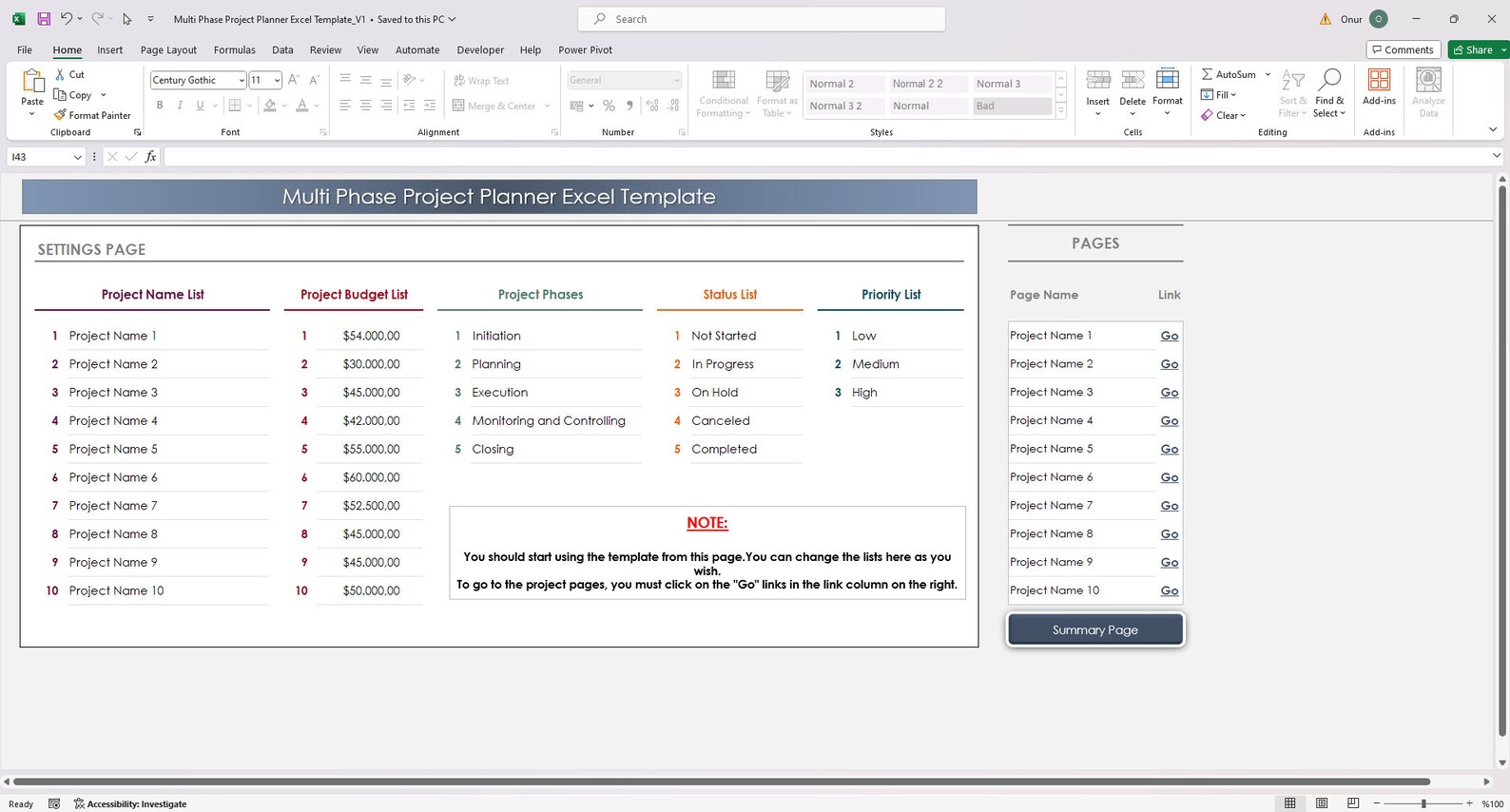Multi Phase Project Planner Excel Template Multi-stage Task Organizer ...