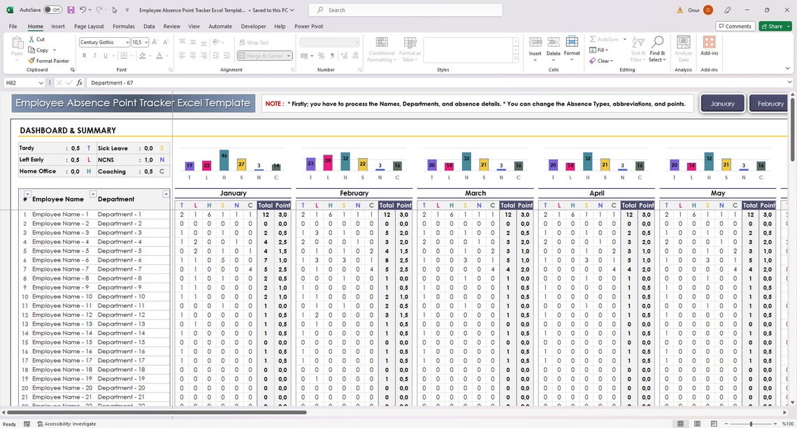 Employee Absence Point Tracker Excel Template | HR Attendance Tracking ...