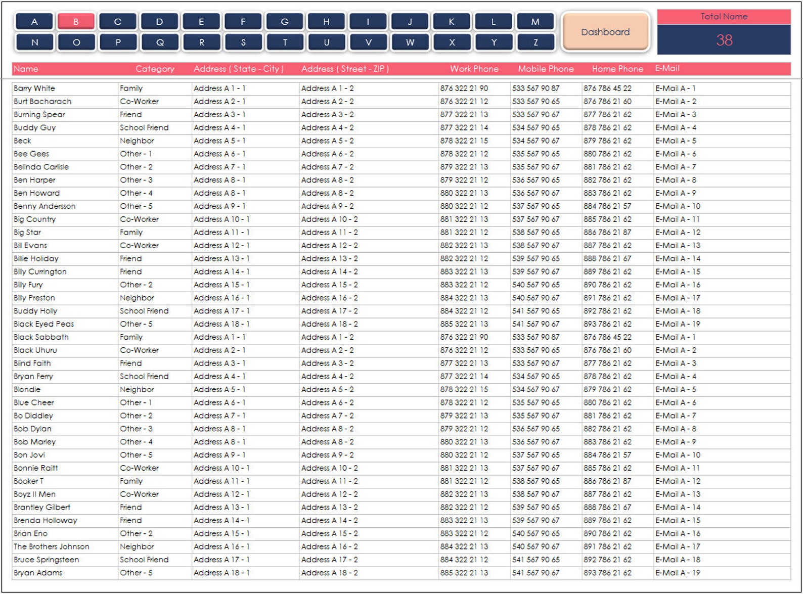 Plantilla de Excel para libreta de direcciones / Hoja de cálculo ...