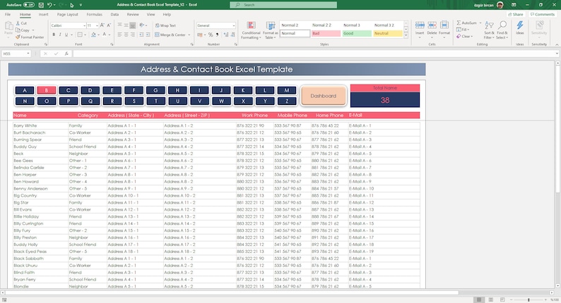 Address & Contact Book Excel Template Telephone Directory - Etsy