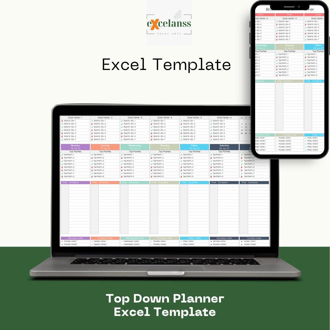 Top Down Planner Excel Template: Weekly Goal Tracker (printable) - Etsy