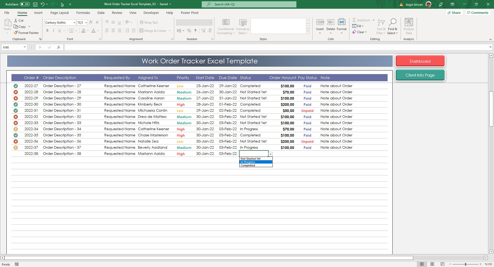 Work Order Tracker Excel Template Small Business Work Order Etsy