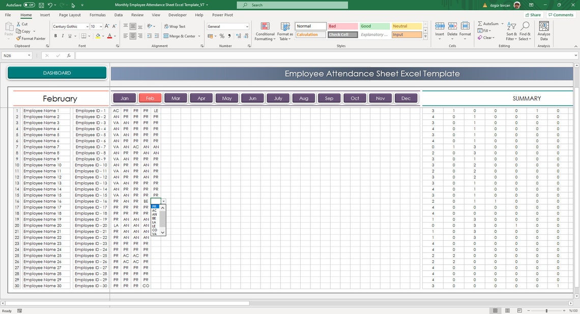 Employee Attendance Sheet Excel Template: Monthly Planner (fillable) - Etsy