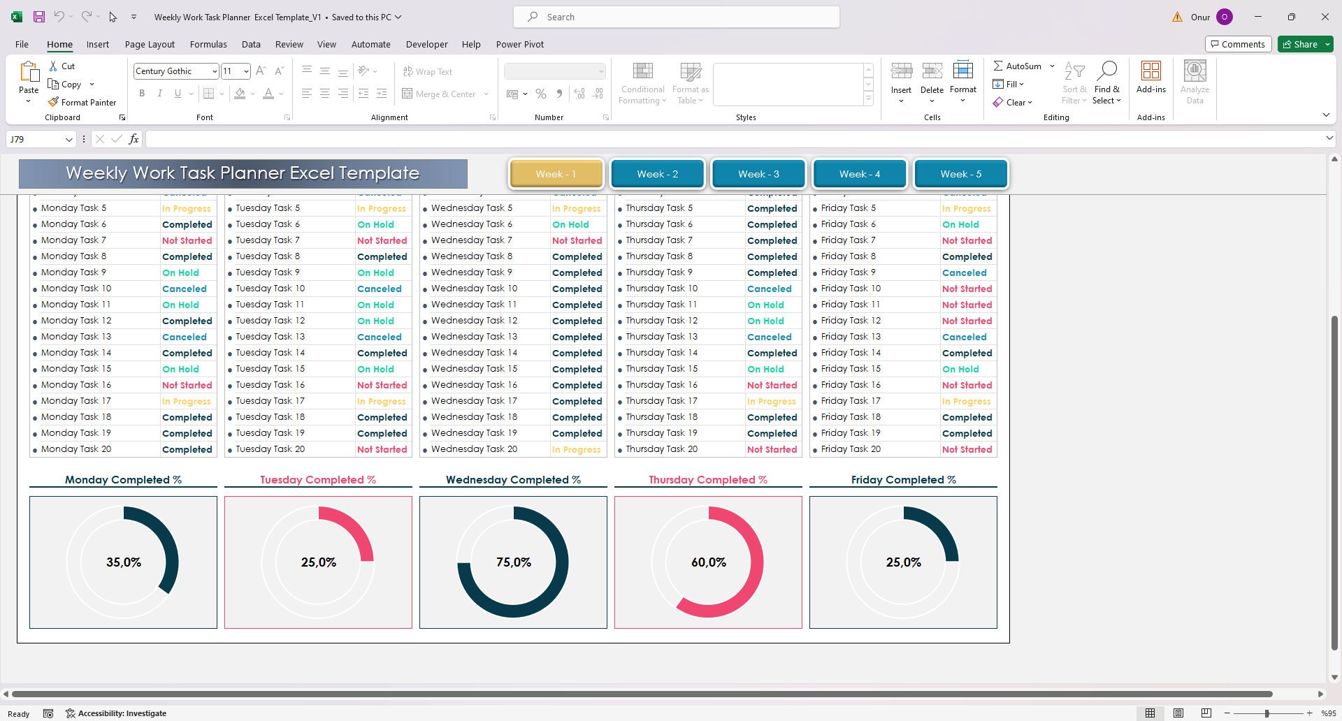 Weekly Task Planner Excel Template – Work Organizer, Productivity ...
