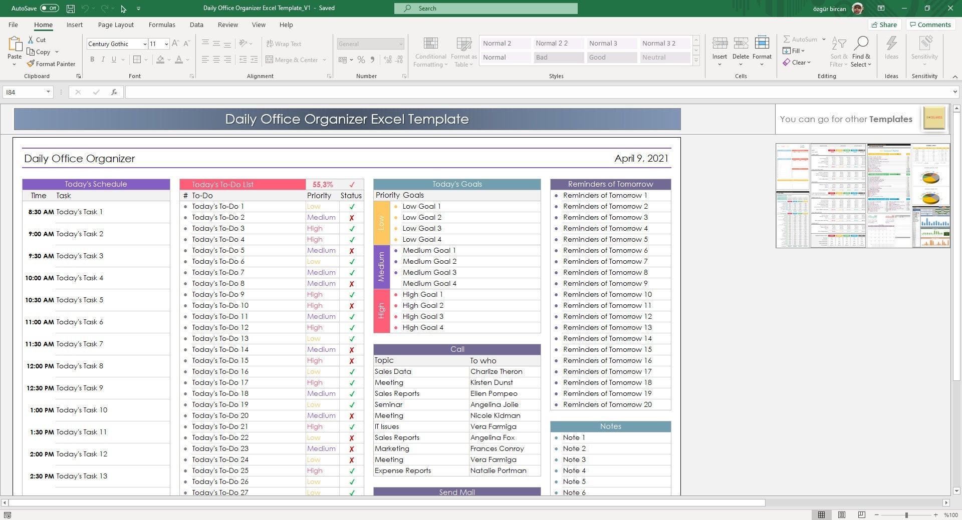Daily Office Organizer Excel Template Daily Office Planner - Etsy
