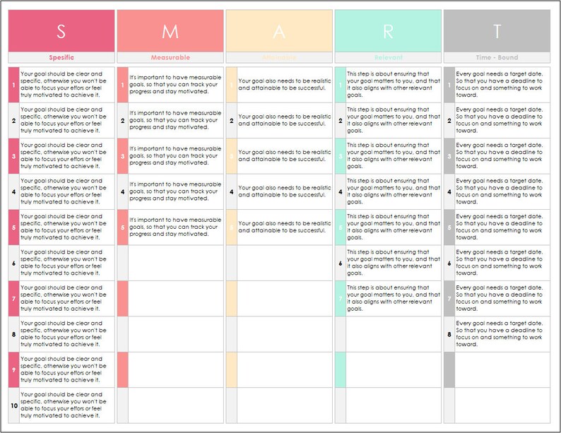 SMART Goal Analysis Excel Template: Printable Personal Planner ...