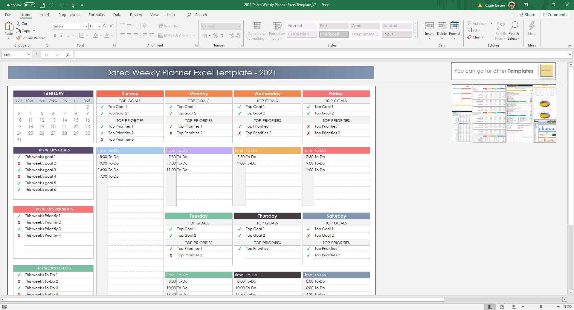 2023 Dated Weekly Planner Excel Template 2023 Editable Etsy