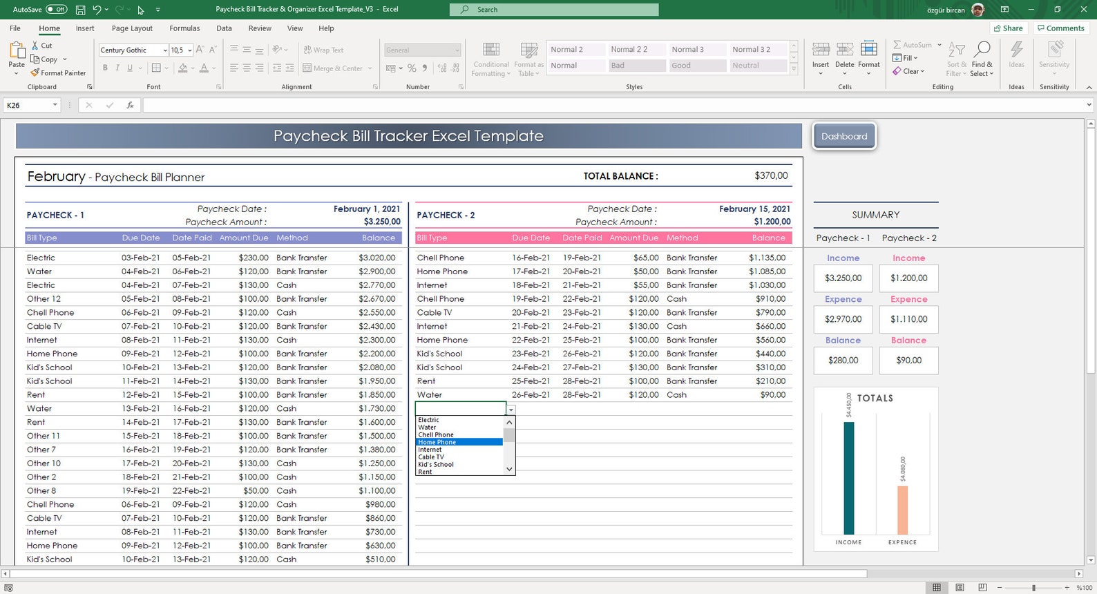 Paycheck Budget Excel Template | Monthly Bill Tracker Spreadsheet ...