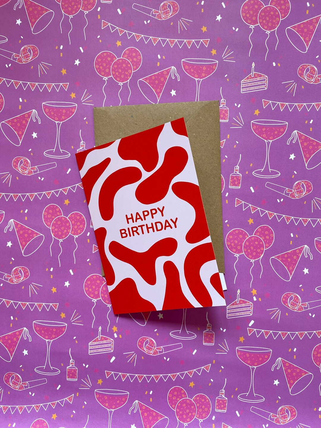 Happy Birthday Squiggle Card Red Card / Funky / Pink and Red / Card for ...