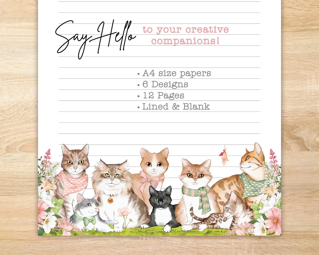 Cat & Floral Writing Paper – Printable Stationery, A4 (digital Download ...