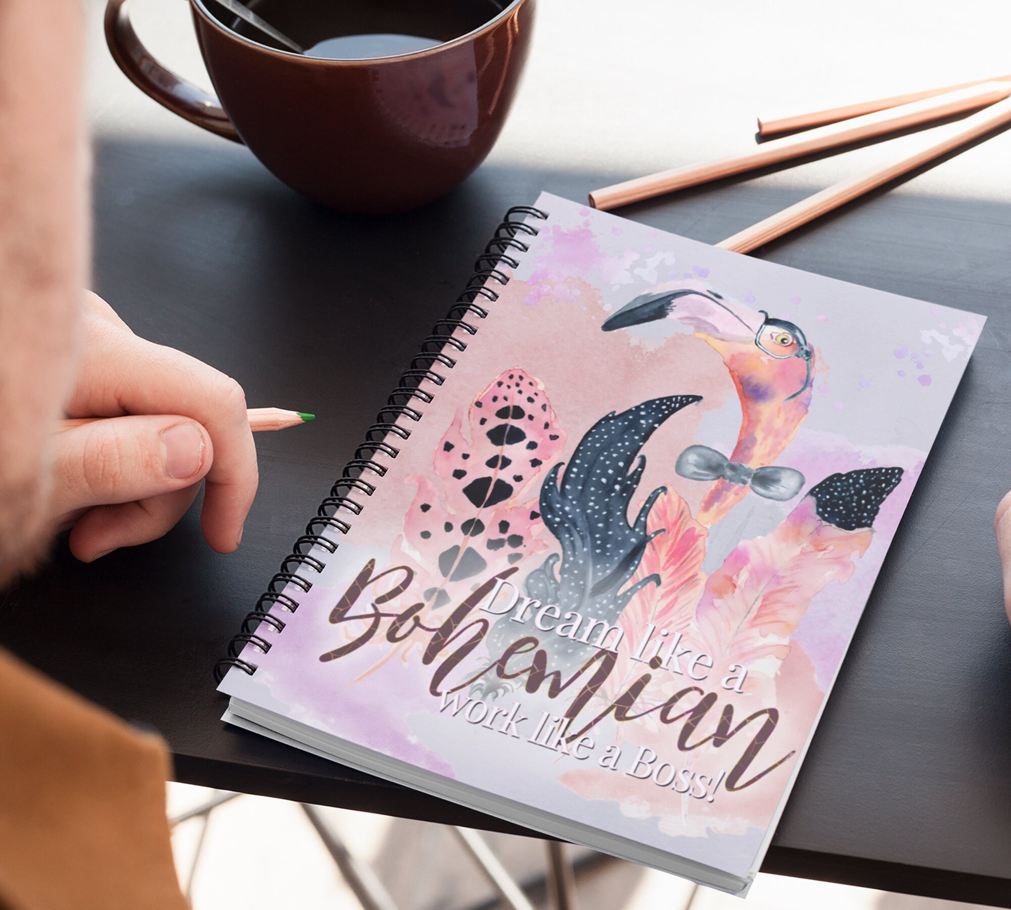 Think Like a Bohemian Notebook Boho Style Notebook Spiralbook Flamingo ...