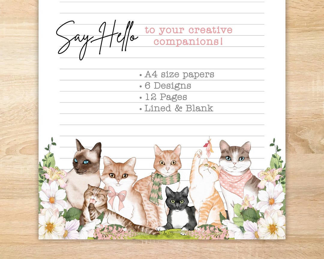 Cat & Floral Writing Paper, A4 Lined/blank Stationery (digital Download ...