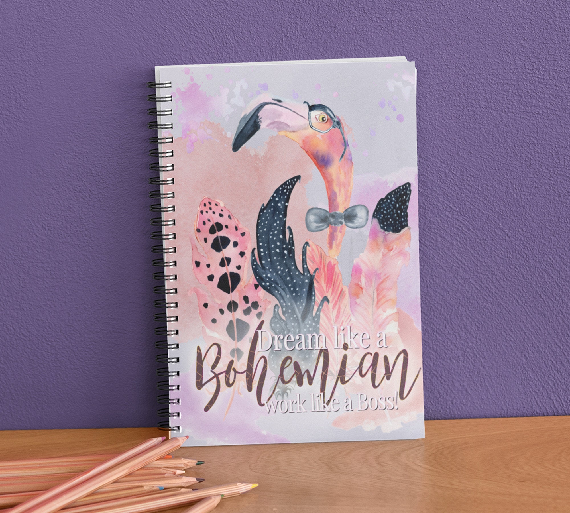 Think Like a Bohemian Notebook Boho Style Notebook Spiralbook Flamingo ...